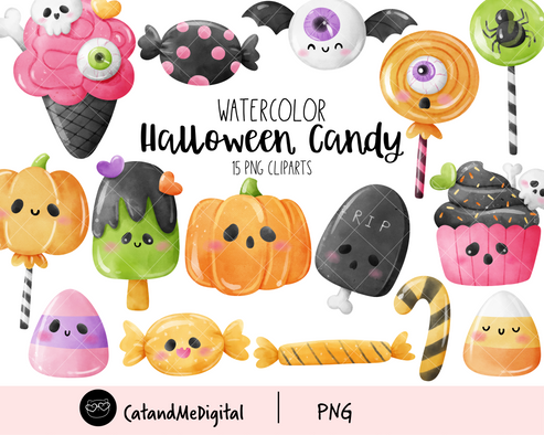 Watercolor halloween candy clipart Pumpkins Skulls Cupcake Ice cream p ...