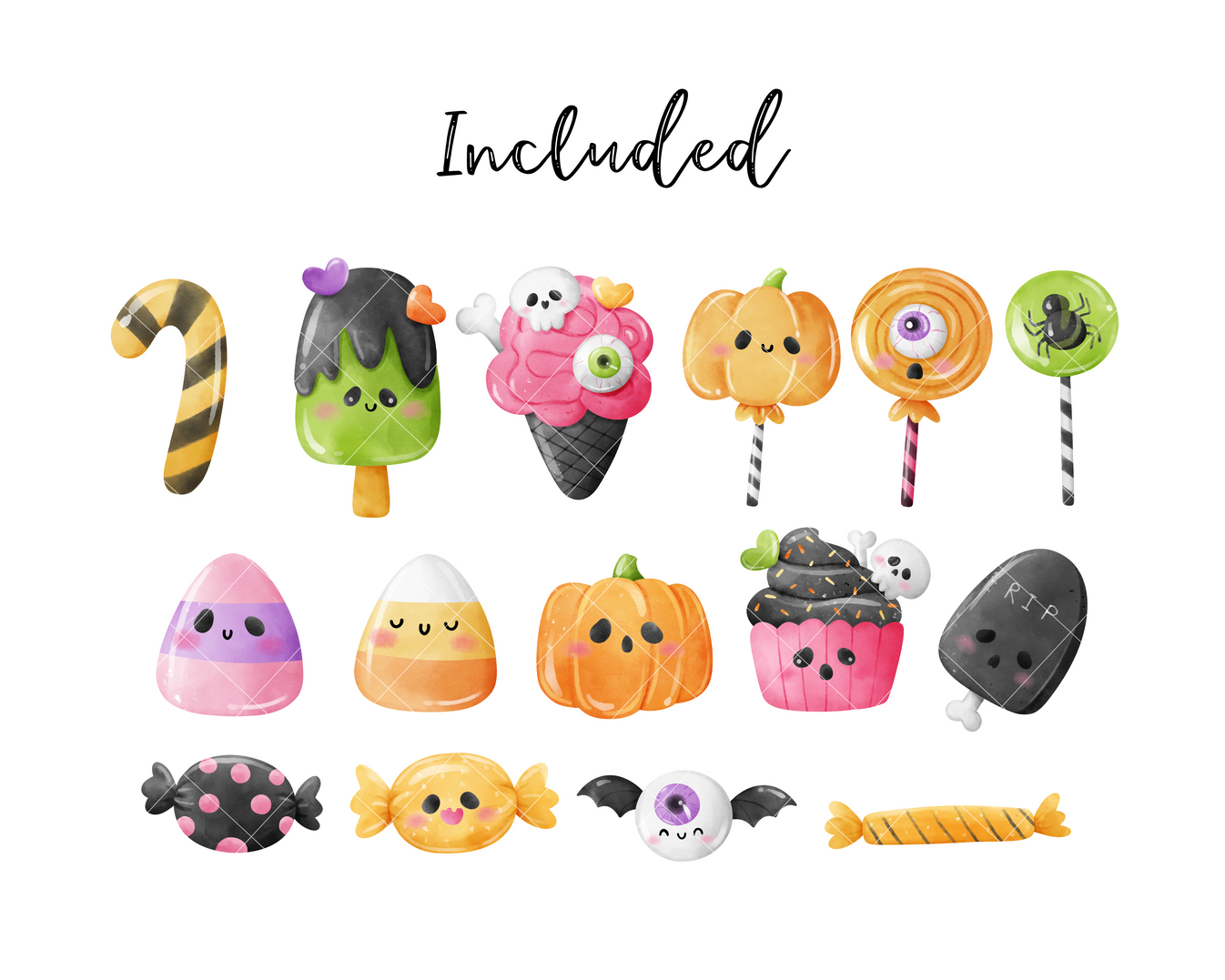 Watercolor halloween candy clipart Pumpkins Skulls Cupcake Ice cream p ...